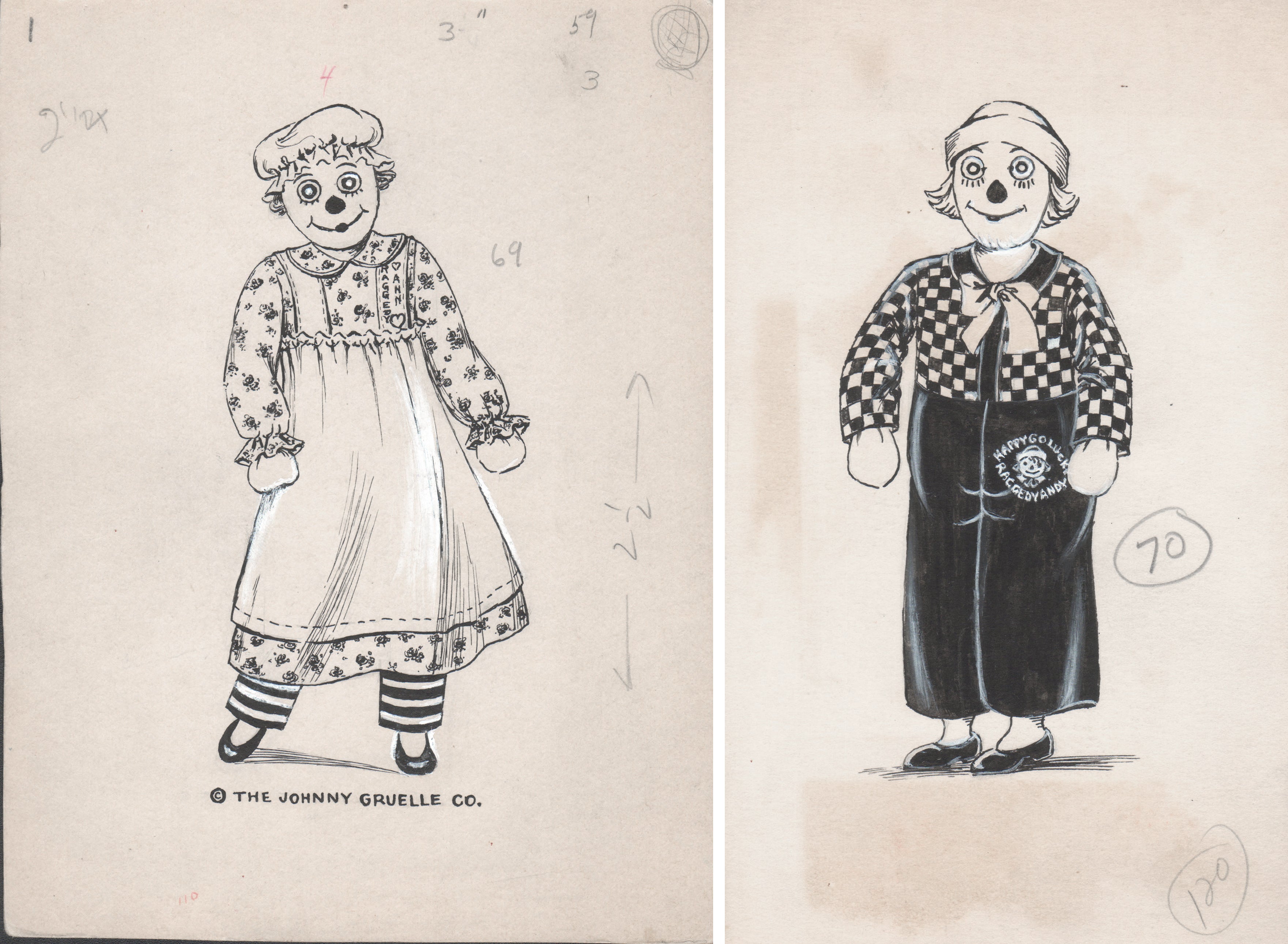 2 Raggedy Ann and Andy Hand-Inked Illustration Drawings 1950's Johnny ...