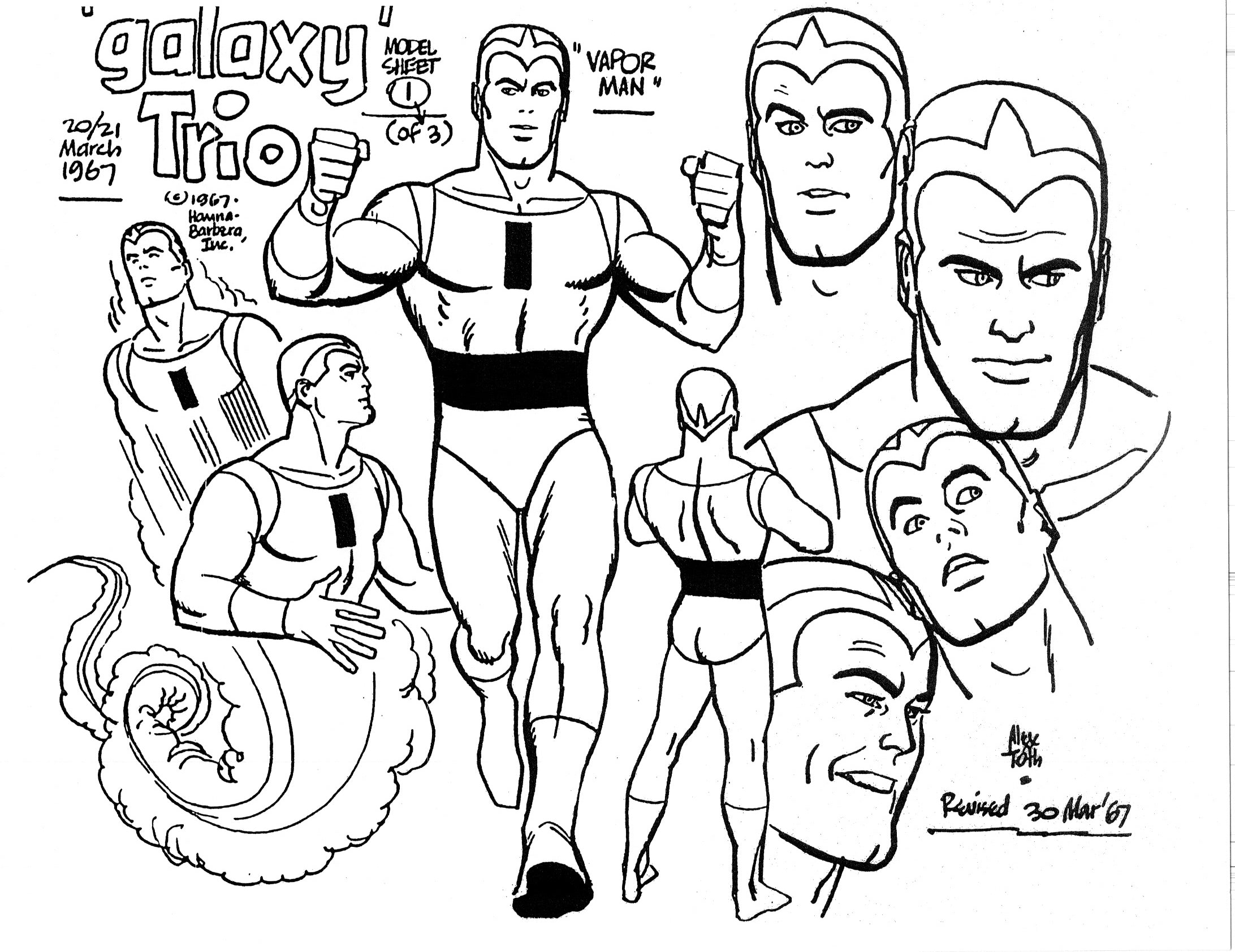 Alex Toth Galaxy Trio Model Sheet Copy Lot of 22 pages 1967 Cartoon Ha ...